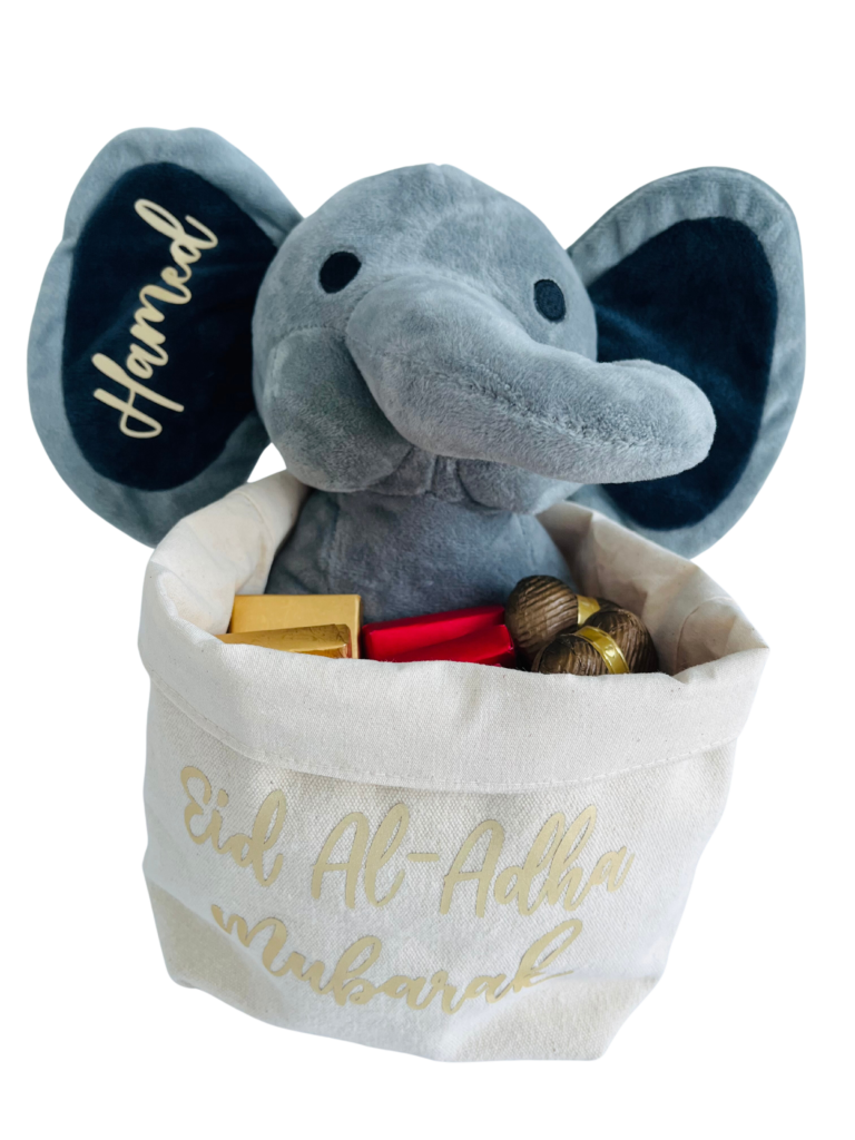 Personalised Plush Toy with Name in reusable canvas basket with 12 ...